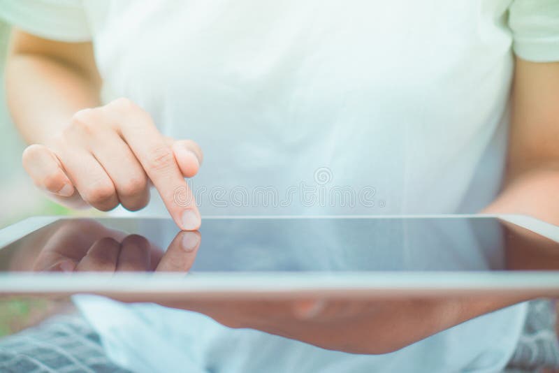 Woman Hand Using Big Tablet To Do Work. Stock Image - Image of nature ...