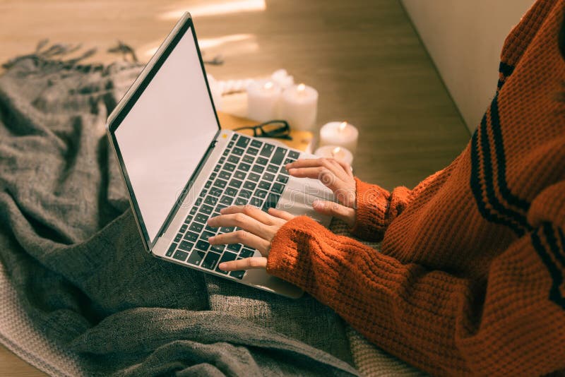 A Woman Hand is Using a Computer Keyboard. she Works from Home Stock ...