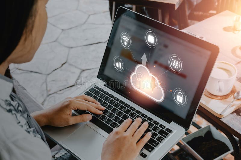 Woman Hand Using Laptop Computer with Cloud Computing Icon, Cloud ...