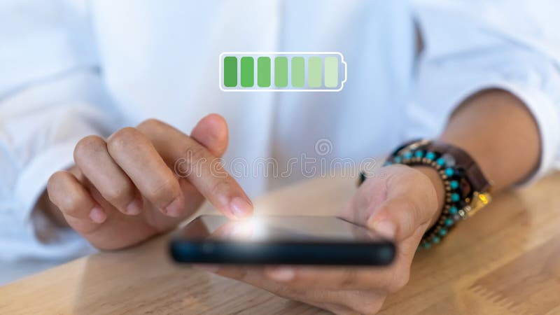 Woman Hand Using Smartphone with Fully Charge Stock Photo - Image of ...