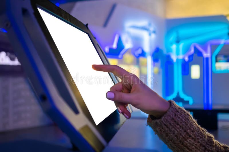Woman Touching White Blank Display of Electronic Kiosk - Mockup Image ...