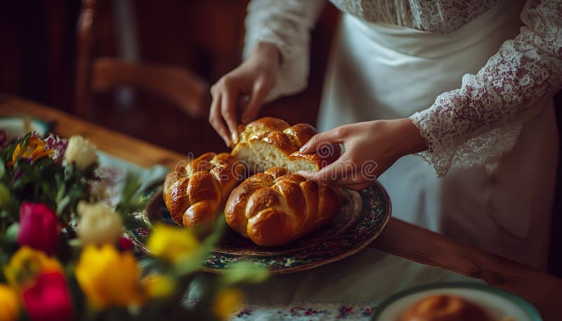 Woman Hands Breaking Bread Over the Table on Ortodox Easter Stock Photo ...