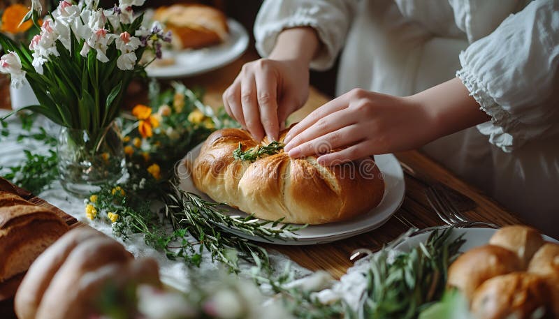 Woman Hands Breaking Bread Over the Table on Ortodox Easter Stock Photo ...