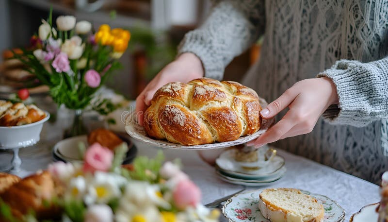 Woman Hands Breaking Bread Over the Table on Ortodox Easter Stock Photo ...