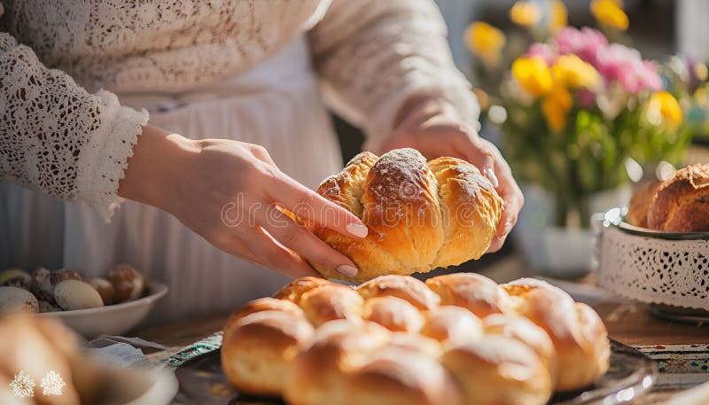 Woman Hands Breaking Bread Over the Table on Ortodox Easter Stock Photo ...