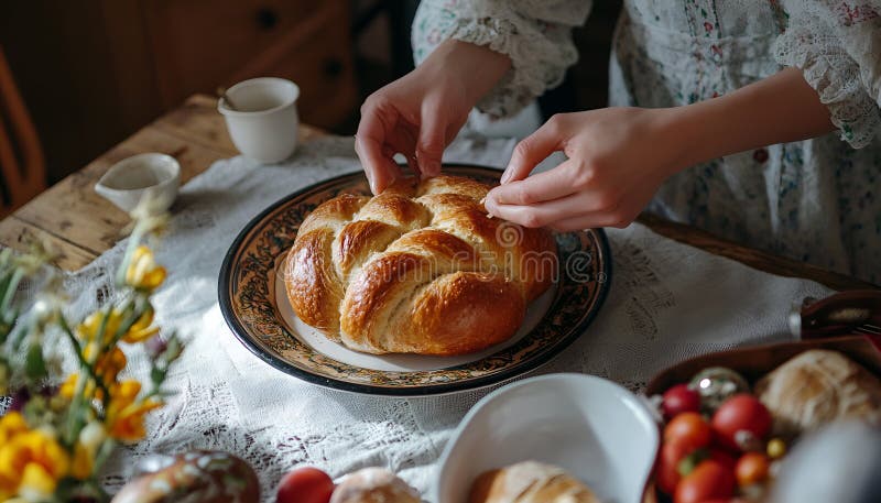 Woman Hands Breaking Bread Over the Table on Ortodox Easter Stock Image ...
