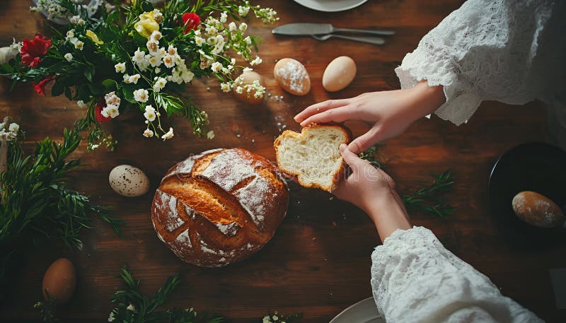 Woman Hands Breaking Bread Over the Table on Ortodox Easter Stock Photo ...