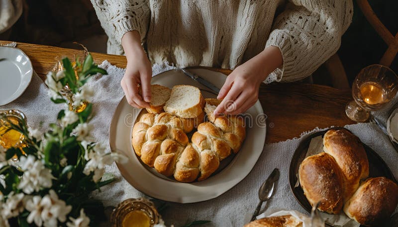 Woman Hands Breaking Bread Over the Table on Ortodox Easter Stock Photo ...
