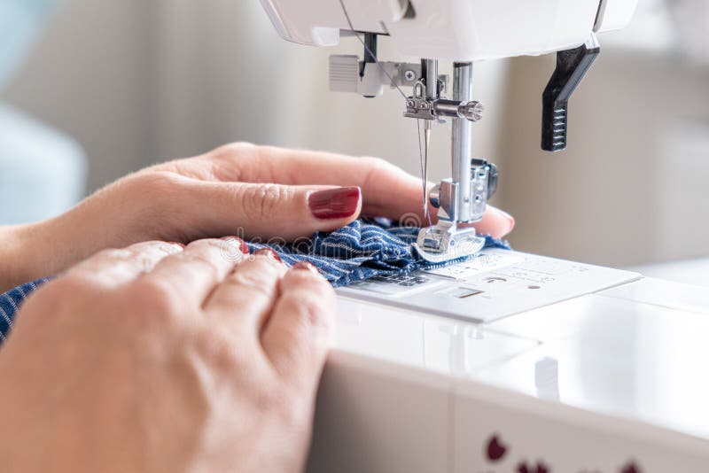 Woman Hands Close Up Sewing on Machine Stitching Fabric Material Stock ...