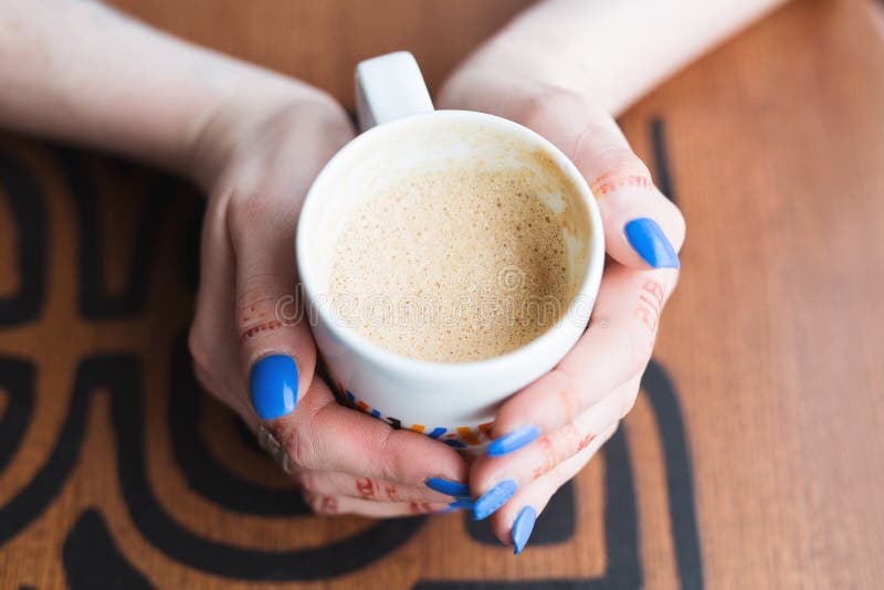 Woman Hands with Coffe on a Wood Table Stock Photo - Image of table ...