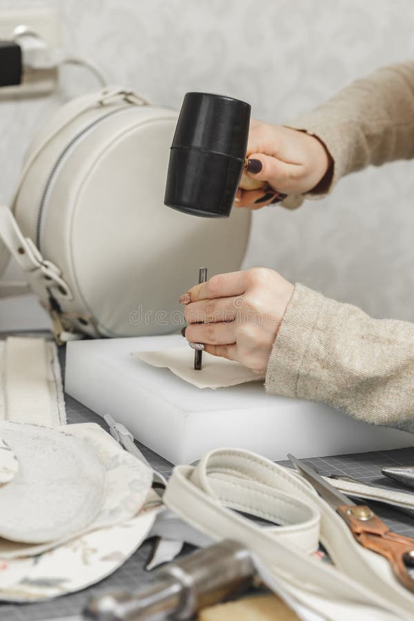 Woman Hands Creating Leather Handbag in a Workshop Stock Photo - Image ...