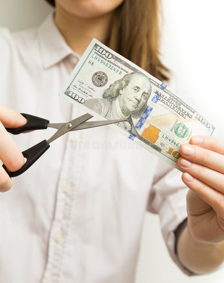 Woman Hands Cutting Dollar Bill with Scissors Stock Photo - Image of ...