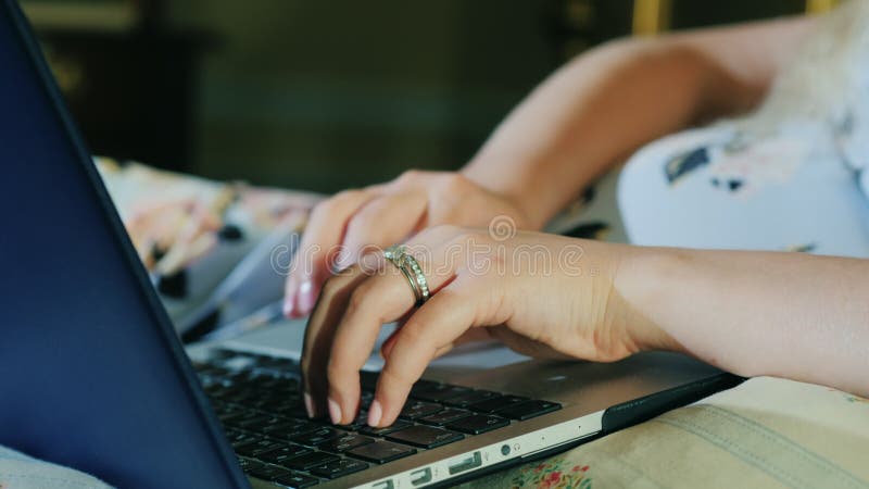 Woman Hands with Diamond Ring on Finger Typing on Laptop Keyboard Stock ...