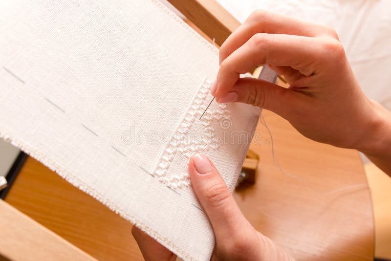 Woman Hands Doing Cross-stitch. Stock Image - Image of needle ...