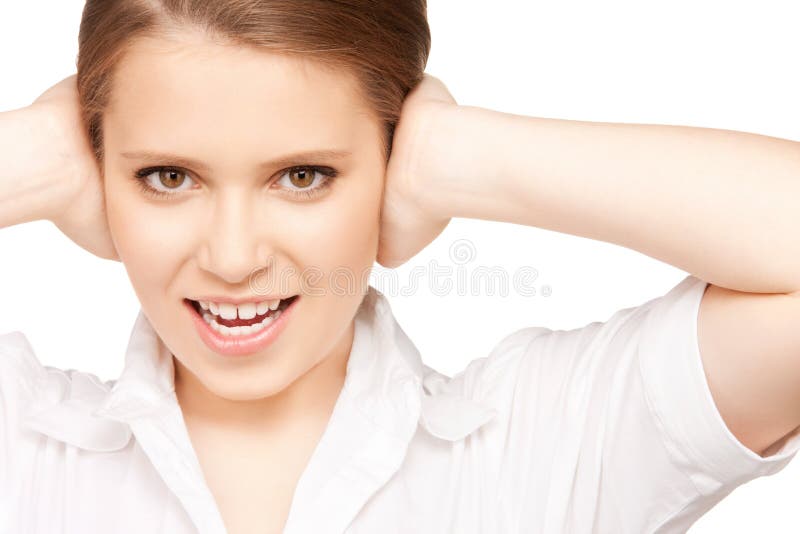 Woman with hands on ears stock photo. Image of female - 39969380