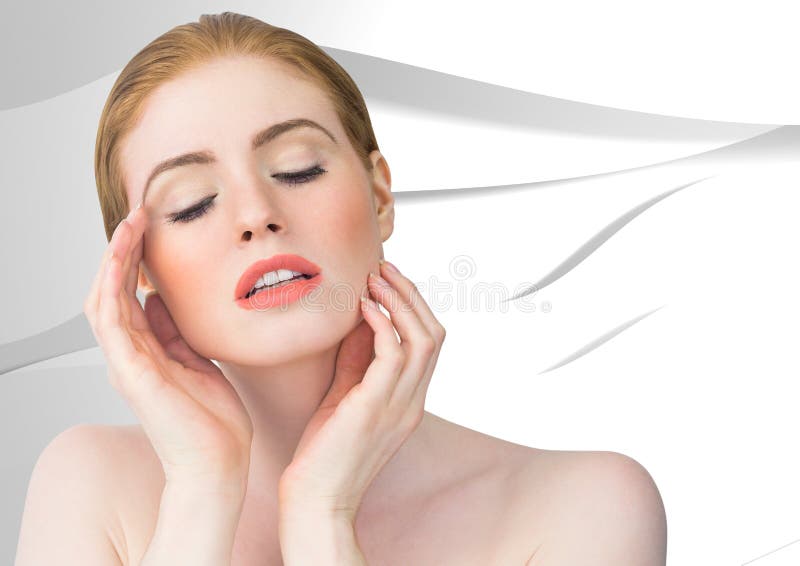 Woman with Hands on Face Against White Texture Stock Image - Image of ...