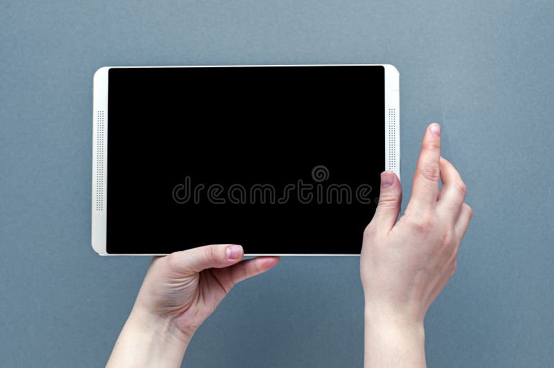 Hands Holding Contemporary Generic Tablet Pc with Blank Screen Stock ...
