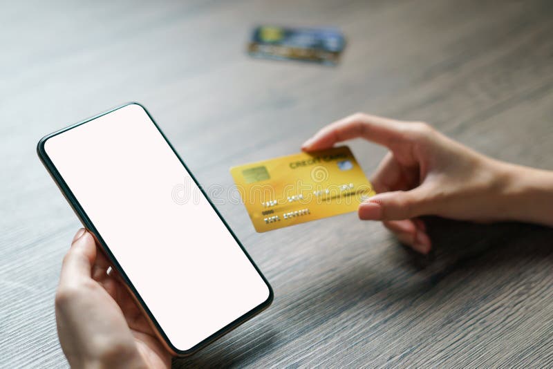 Woman Hands Holding Cradit Card and Smartphone Blank Screen Stock Photo ...