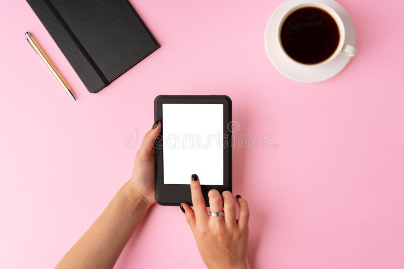 Woman Hands Holding Digital Tablet Above Pink Background Stock Image ...