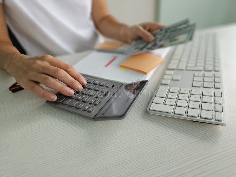 Woman Hands Holding Dollar Bills Earned Working Laptop Home Internet ...