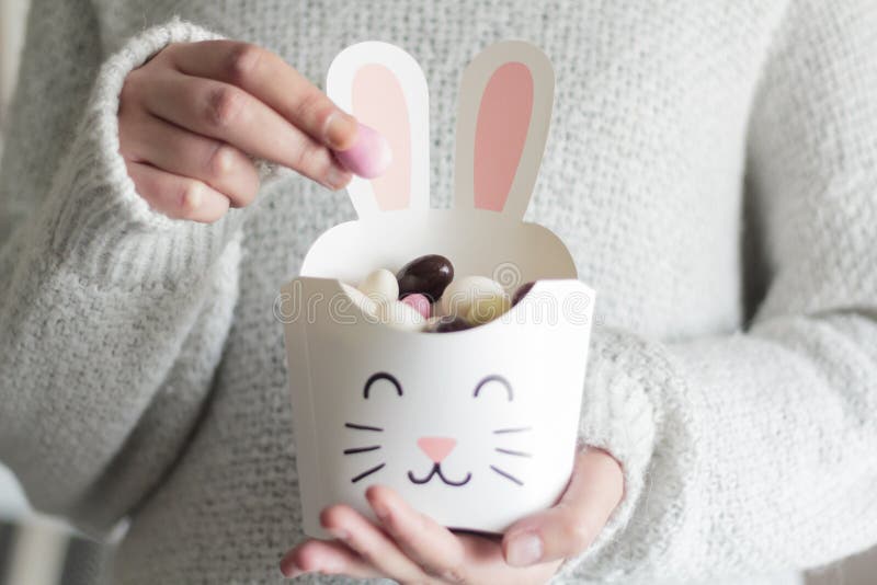Woman Hands Holding Rabbit Box with Easter Sweet Eggs Inside Stock ...