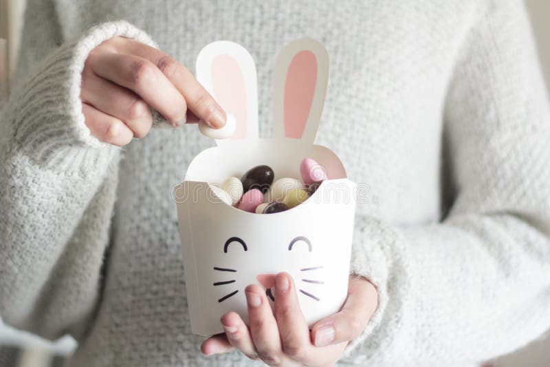 Woman Hands Holding Rabbit Box with Easter Sweets Inside Stock Photo ...