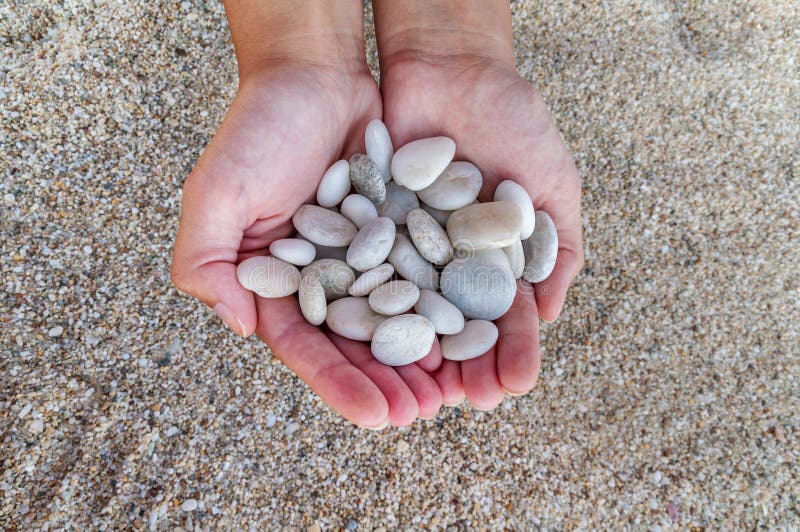 Woman Hands Holding Small Stones in Hands on the Beach Stock Image ...
