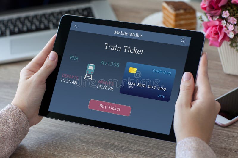 Woman Hands Holding Tablet PC Computer with Train Ticket Stock Photo ...