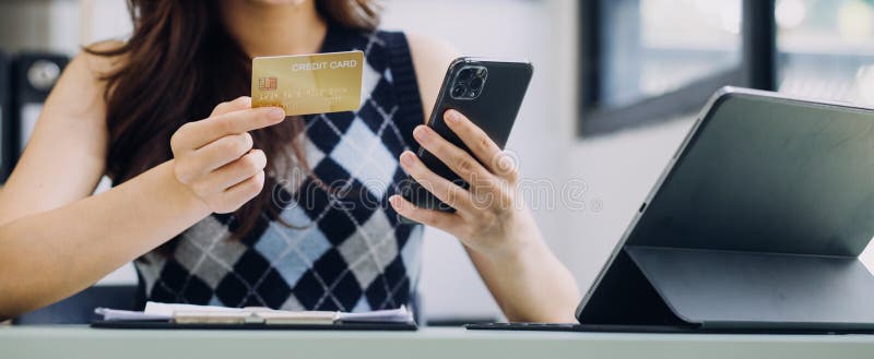 Woman Hands Holding and Using Cradit Card for Shopping Online Stock ...