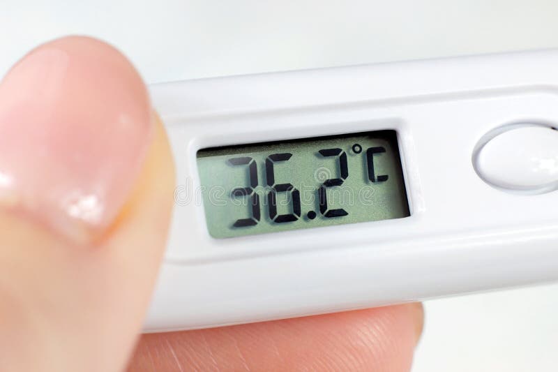 Woman Hands Holding A White Thermometer With Normal Body Temperature