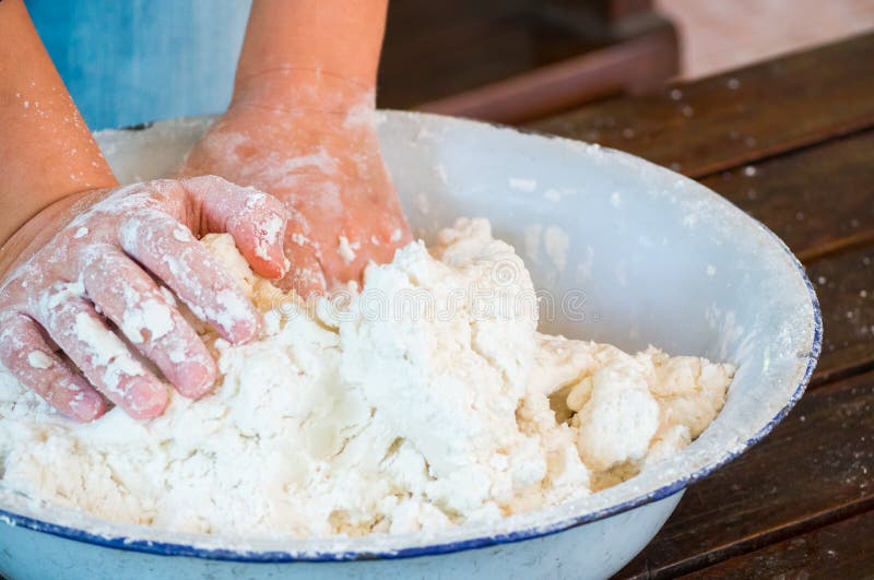 Woman Hands Kneading White Flour for Baking or Food on Table Stock ...
