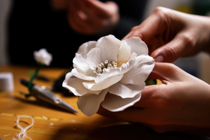 A Woman Hands Making an Artificial White Flower. DIY. Created with ...