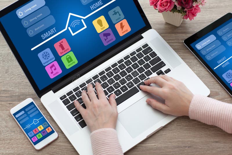 Woman Hands Notebook Computer Tablet Phone App Smart Home Stock Image ...