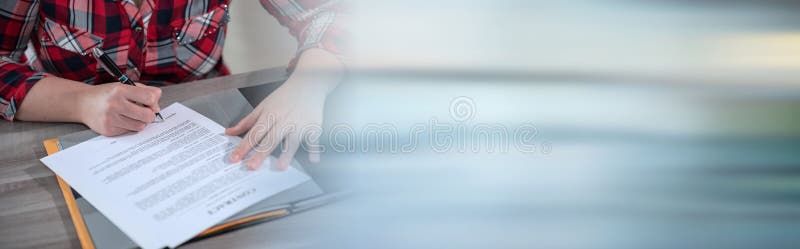 Woman Hands Signing a Document; Panoramic Banner Stock Photo - Image of ...