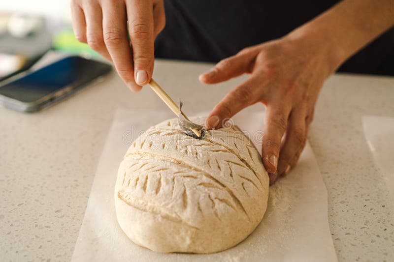 Woman Preparing Sourdough Bread at Home Stock Photo - Image of ...