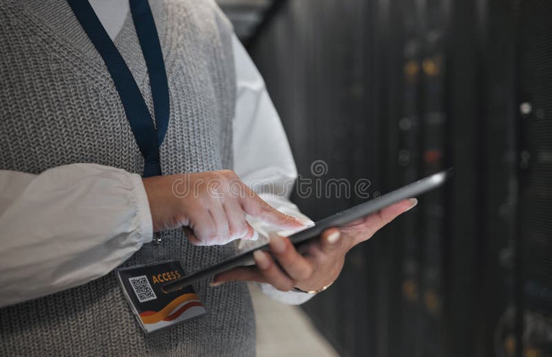 Woman, Hands and Tablet in Server Room for Networking, Inspection or ...