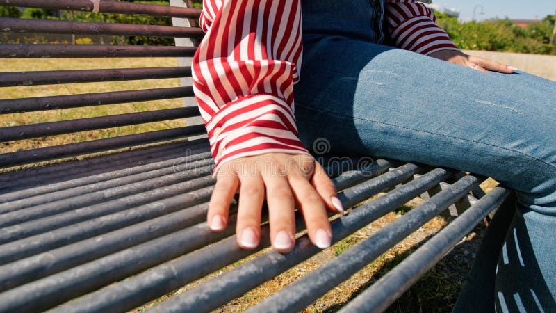 Woman Hands Touching the Park Bench Stock Photo - Image of happy, rest ...