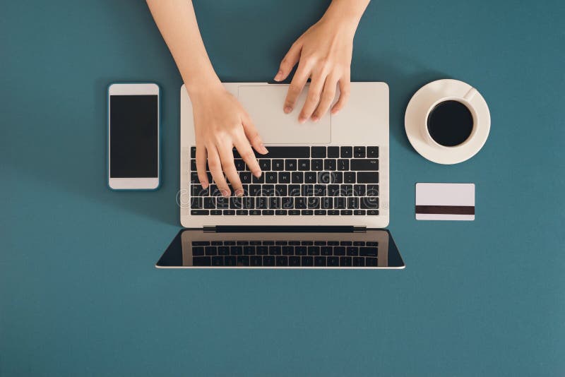 Woman Hands Typing on Computer; People and Technology Concept; Top View ...