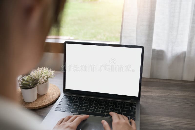 Woman Hands Typing on the Laptop with Empty Blank White Screen Mockup ...