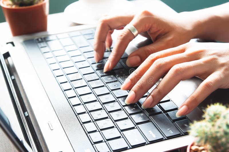 Woman Hands Using Laptop Computer, Working at Home Stock Photo - Image ...