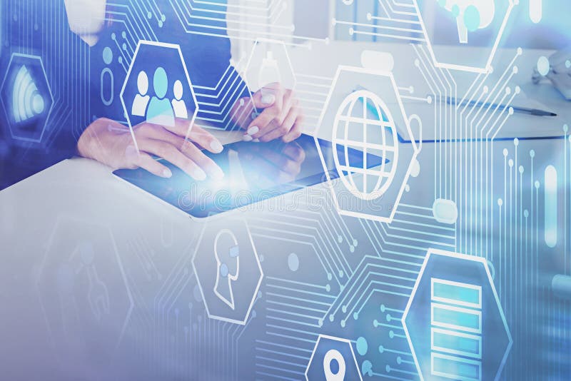 Business Woman Hand Using Tablet with Stock Market Report Hologram ...