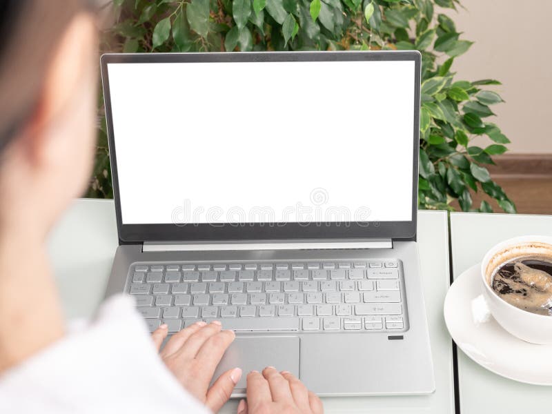 Woman Hands Working with Blank Screen Laptop Computer Mockup. Hands at ...