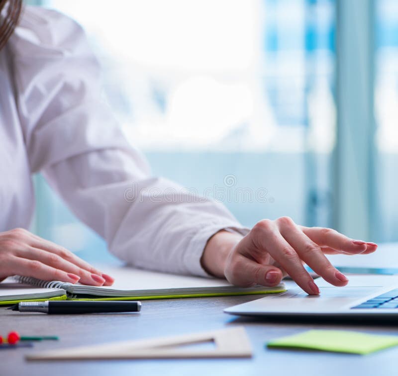 Woman Hands Working on Computer at Desk Stock Image - Image of ...