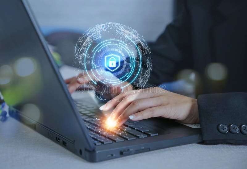 Woman Hands Working on Computer and Lock Hologram Drawing in the World ...