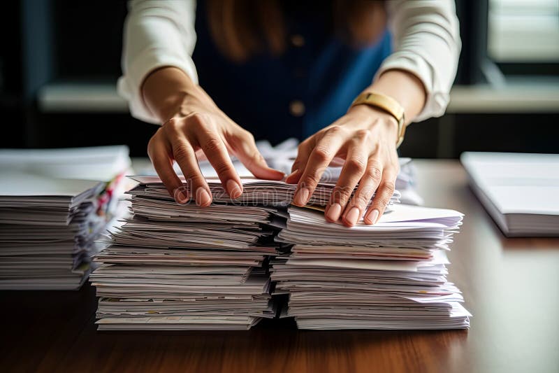Woman Hands Working in Stacks of Papers for Searching and Checking ...