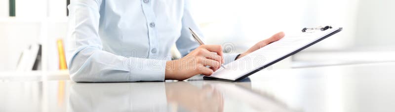 Woman Hands Writing on Clipboard with a Pen, Isolated on Desk Stock ...