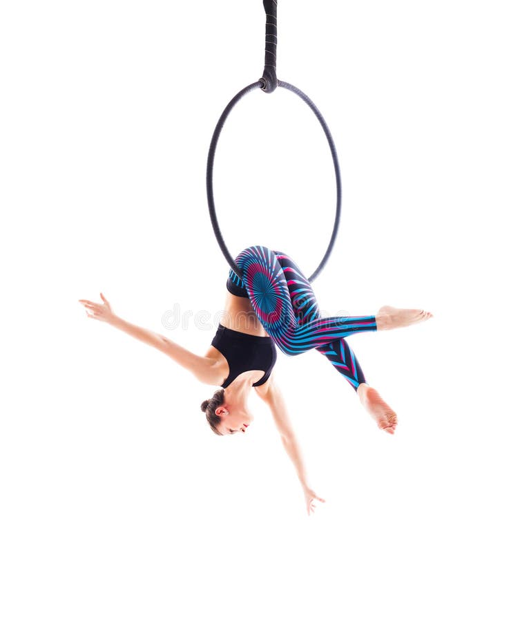 Woman Hanging in Aerial Ring, Isolated on White Stock Image - Image of ...