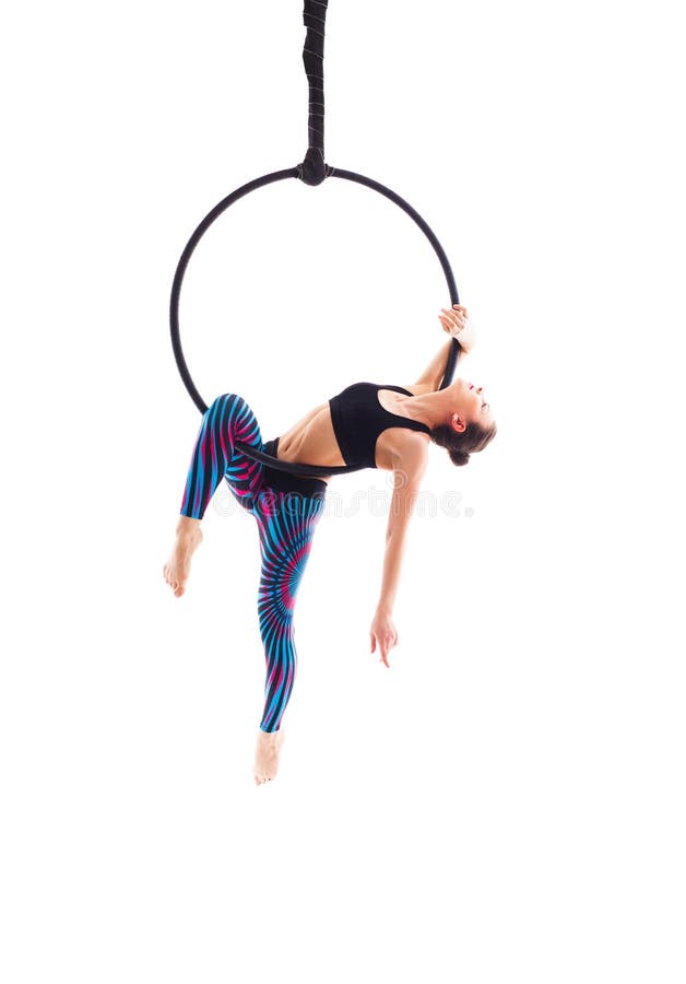 Woman Hanging in Aerial Ring, Isolated on White Stock Photo - Image of ...