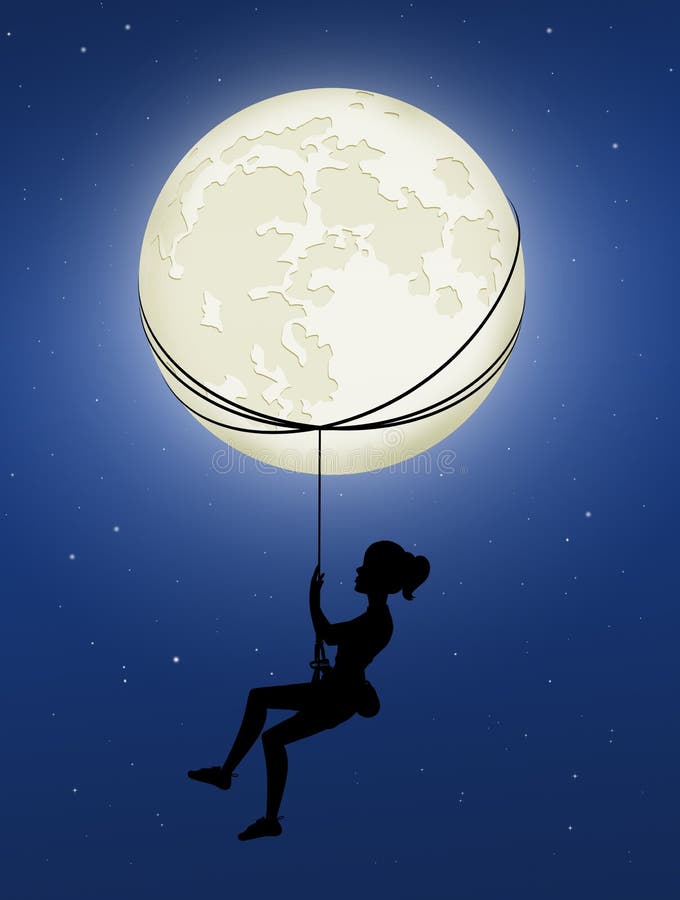 Woman Hanging on the Moon with Rope Stock Illustration - Illustration ...
