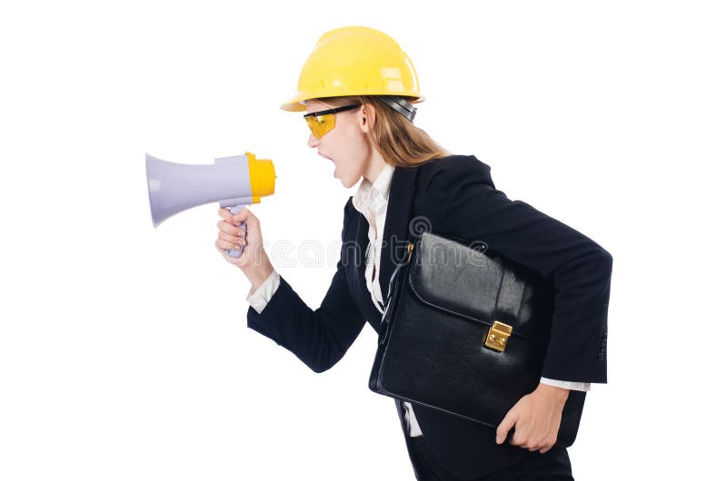 The Woman with Hard Hat Isolated on White Stock Photo - Image of ...